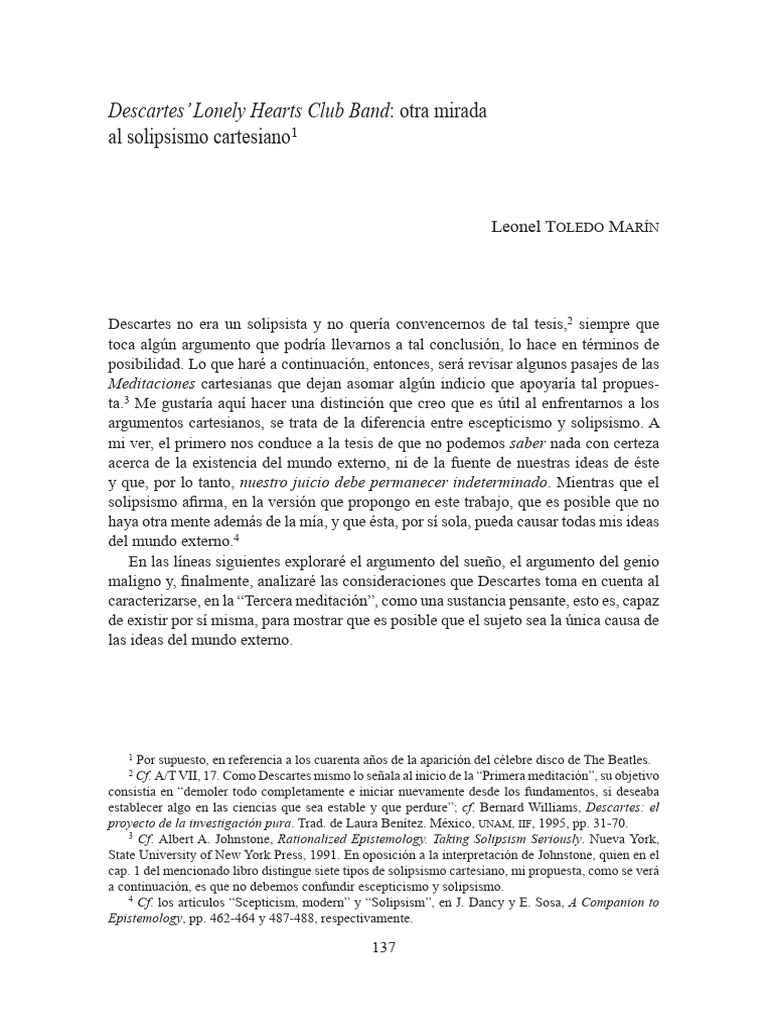 Otra mirada al solipsismo cartesiano | PDF | René Descartes | Mente