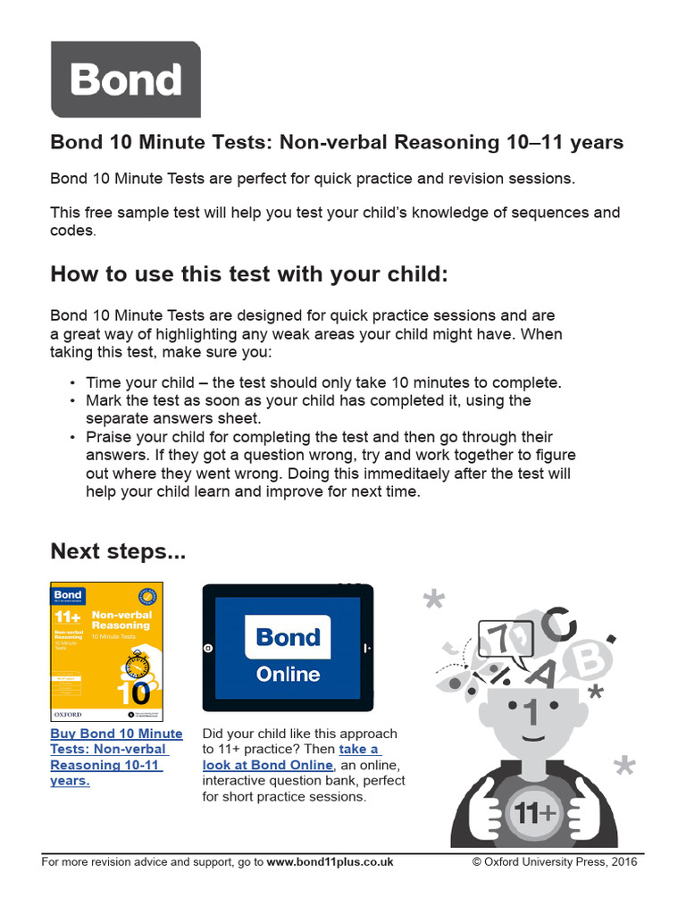 Bond 11 Plus NVR 10 Minute Tests Sample | PDF