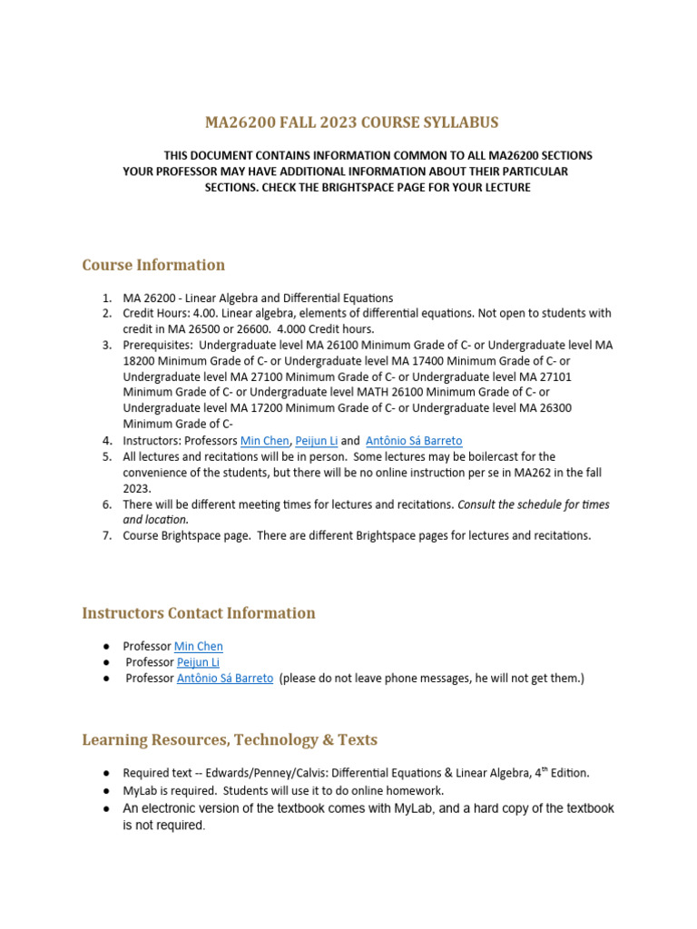 MA262 - Fall-2023 COURSE SYLLABUS | PDF | System Of Linear Equations ...