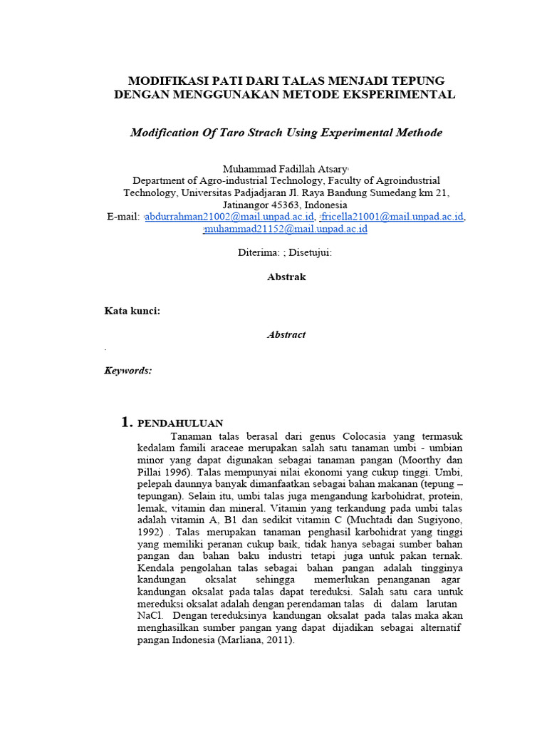 Modifikasi Pati Dari Talas Menjadi Tepung Dengan Menggunakan Metode ...