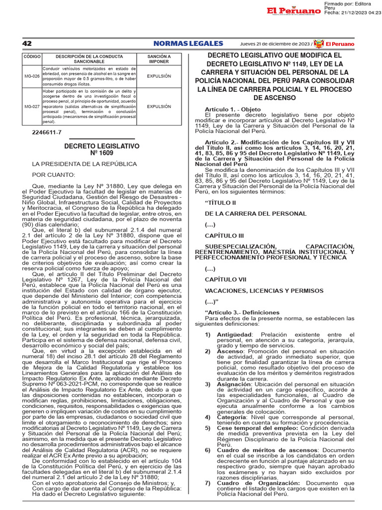 DL Modifica DL 1149 Ley PNP para Consolidar Linea de Carrera y Proceso ...