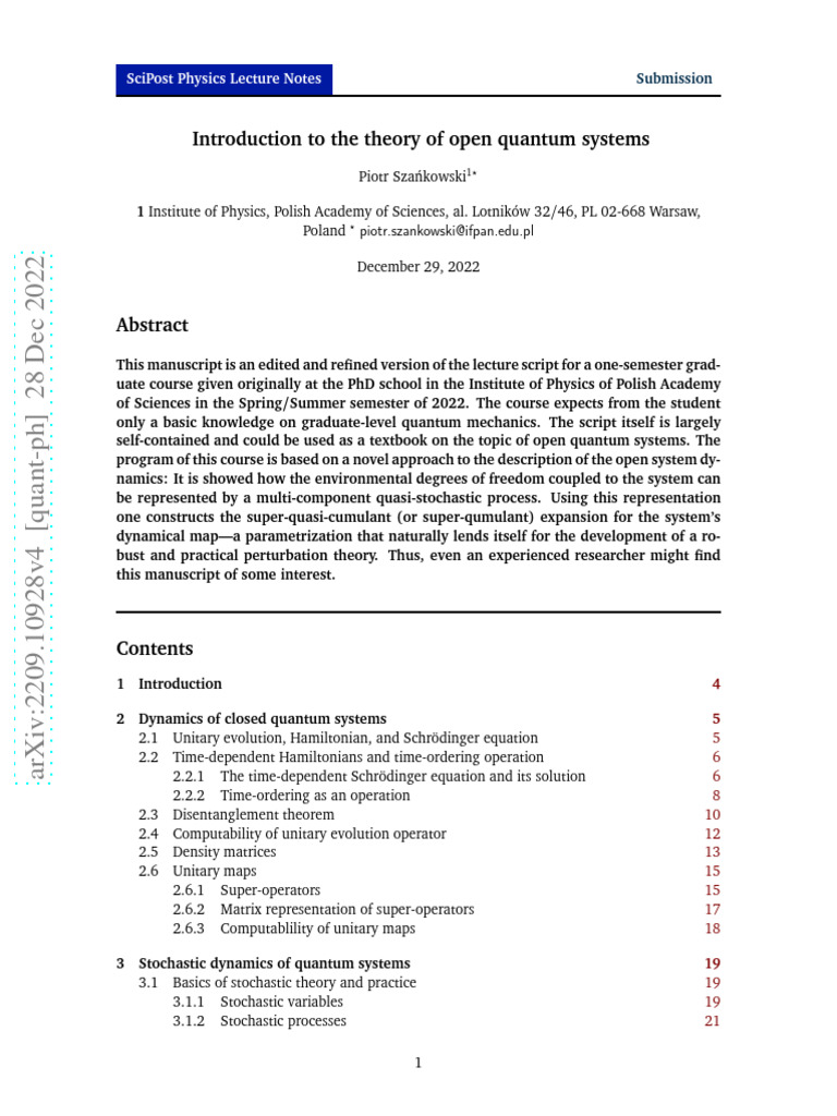 Introduction To The Theory of Open Quantum Systems: Scipost Physics ...