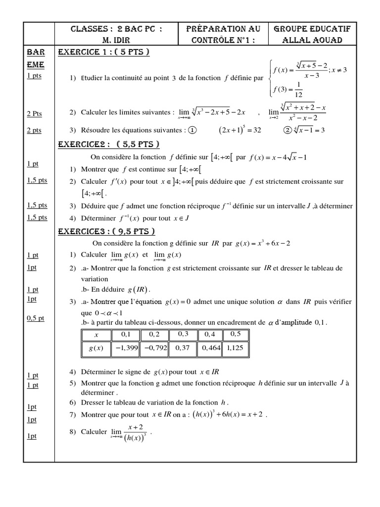 Classes: 2 Bac PC: M. Idir Préparation Au Contrôle N°1: Groupe Educatif ...