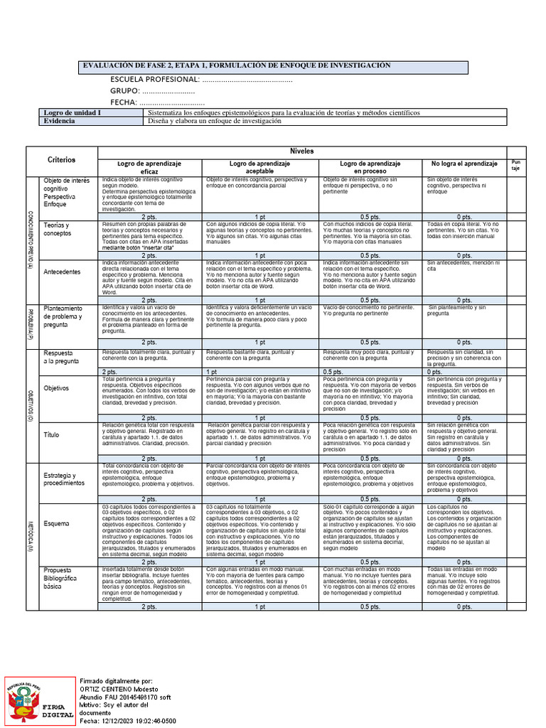 Rúbrica Fase 2 Etapa 1 (R) | PDF