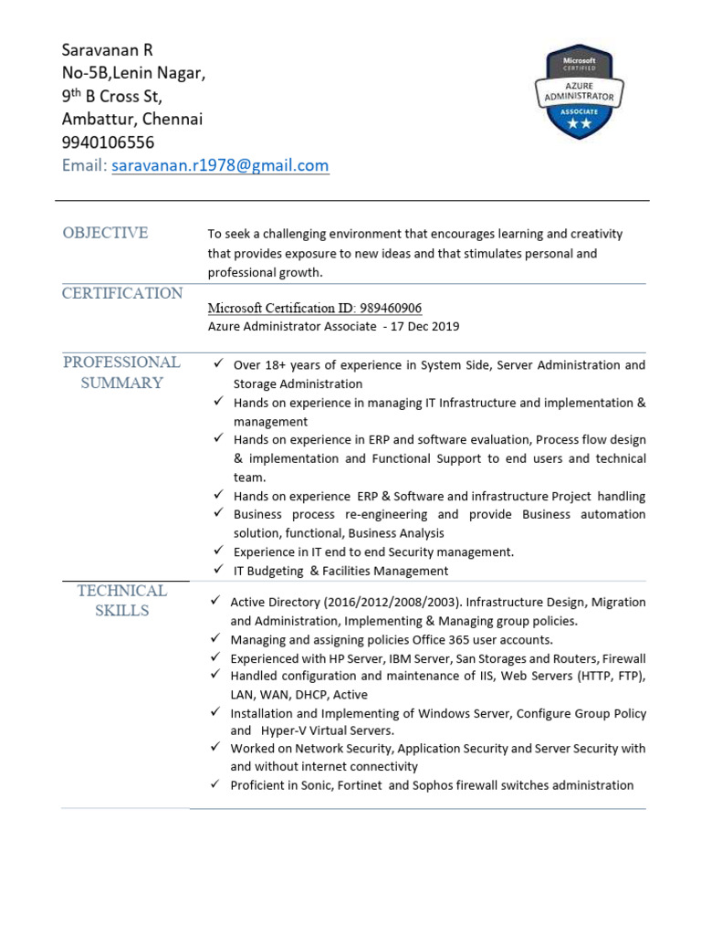 Saravanan Resume | PDF | Microsoft Windows | Active Directory