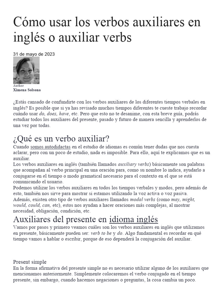 Cómo Usar Los Verbos Auxiliares En Inglés O Auxiliar Verbs Pdf