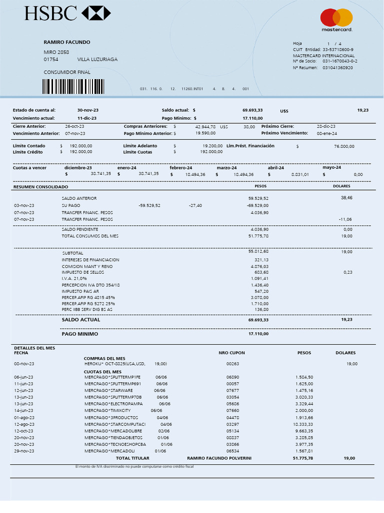 Resumen de Cuenta Mastercard Nov 2023 | PDF | Tarjeta de débito ...