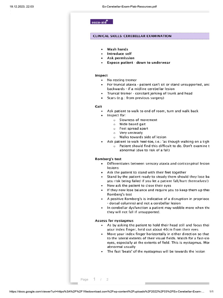 Ex Cerebellar Exam Plab Resources | PDF | Neurological Disorders ...