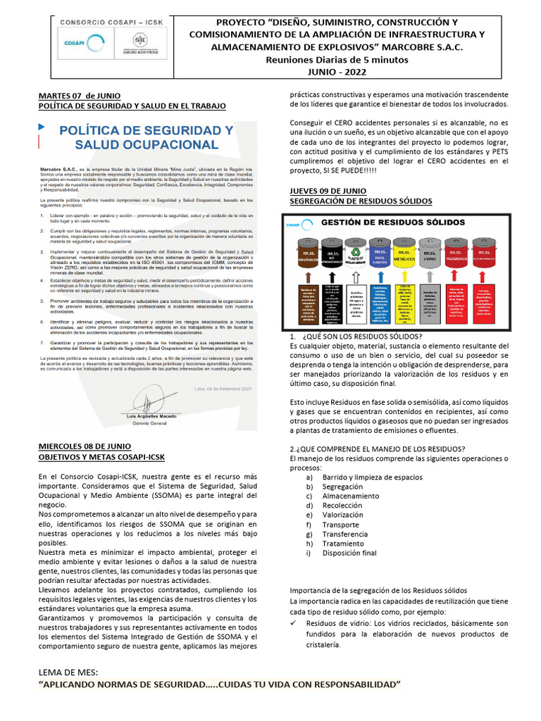 Programa de Charlas Diarias Junio 2022 | Descargar gratis PDF | Residuos | Compost