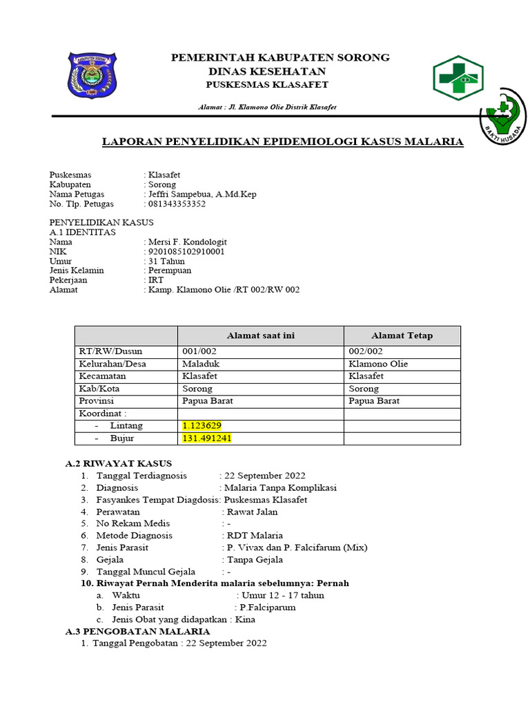 Format PE Malaria File - Sept Jeffri Klasafet | PDF