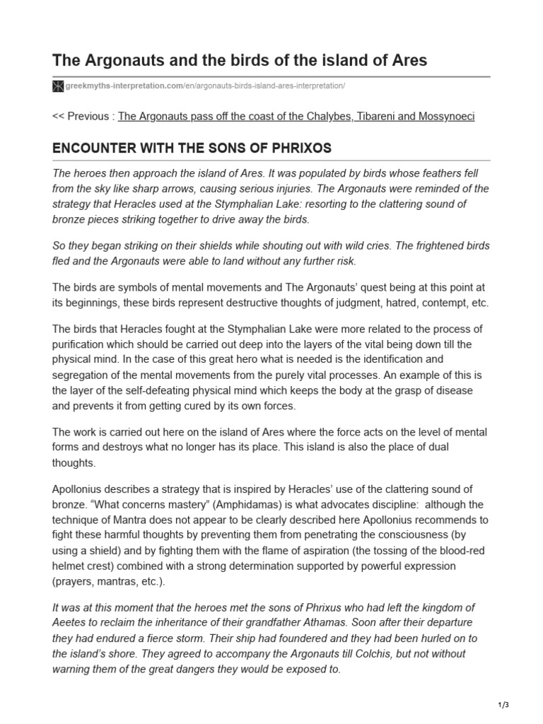 The Argonauts and The Birds of The Island of Ares | PDF