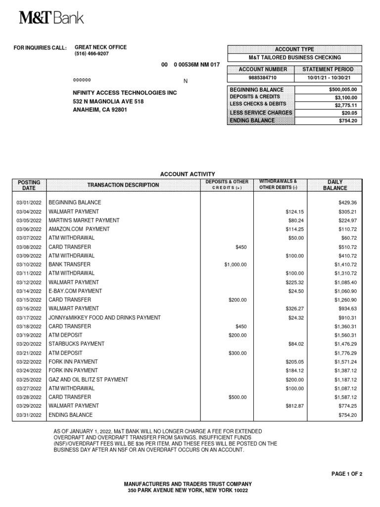 M T Bank Statement of Oct 21 | PDF | Overdraft | Private Sector