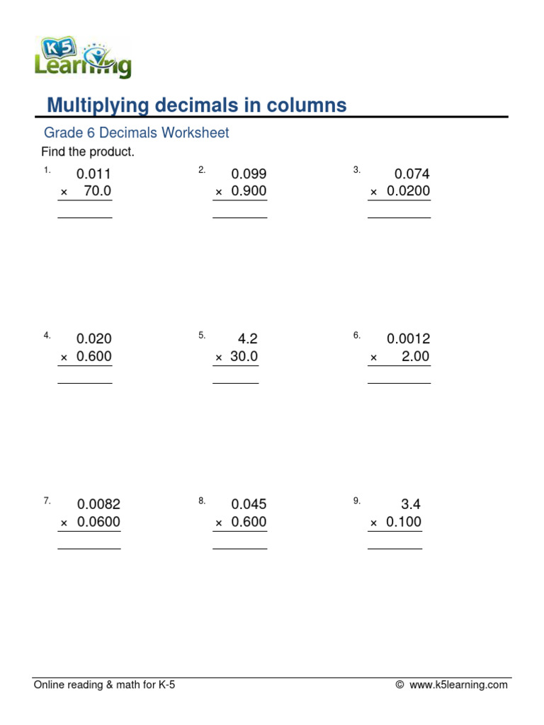 Grade 6 Multiply Two Decimals 0 4 Decimal Digits Column C | PDF ...