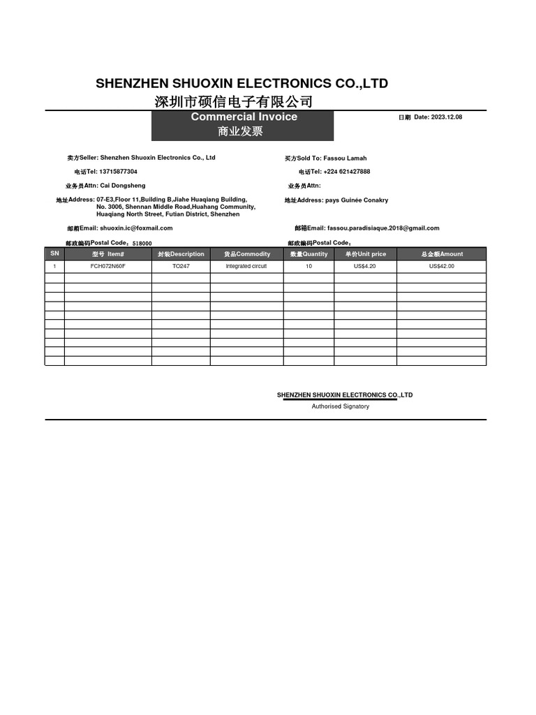 Shenzhen Shuoxin Electronics Co.,Ltd: Commercial Invoice | PDF
