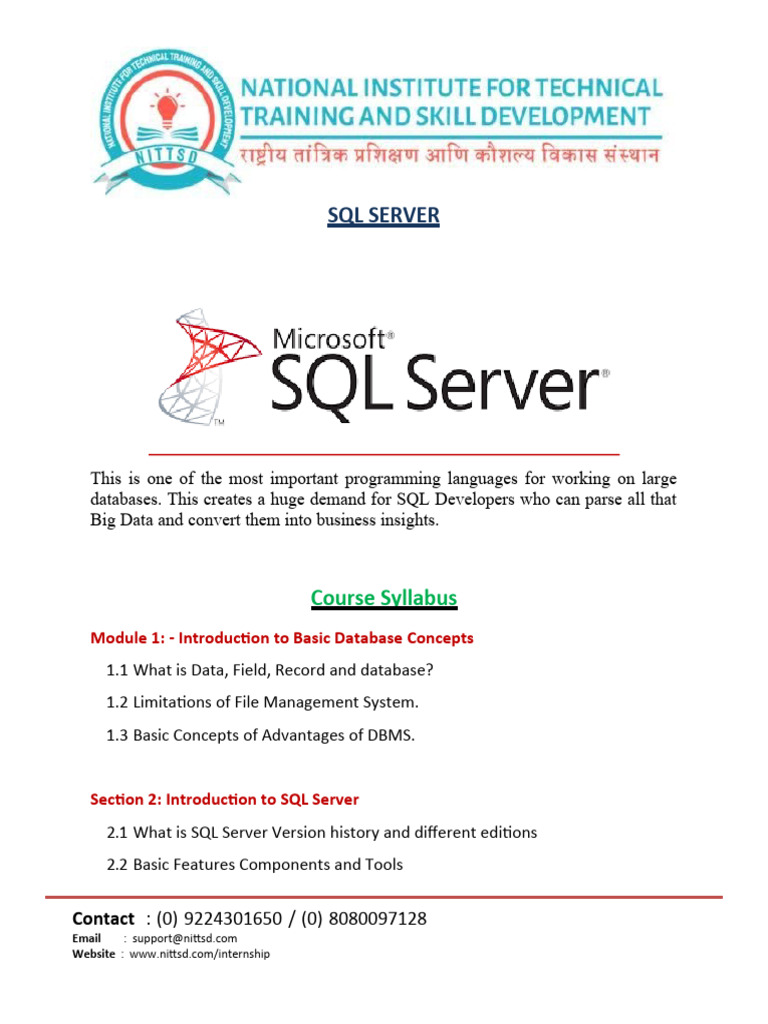 SQL Server Syllabus | PDF | Sql | Microsoft Sql Server SQL Server Syllabus | PDF | Sql | Microsoft Sql Server