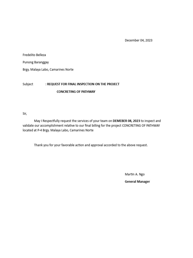 Request Letter For Final Inspection | PDF