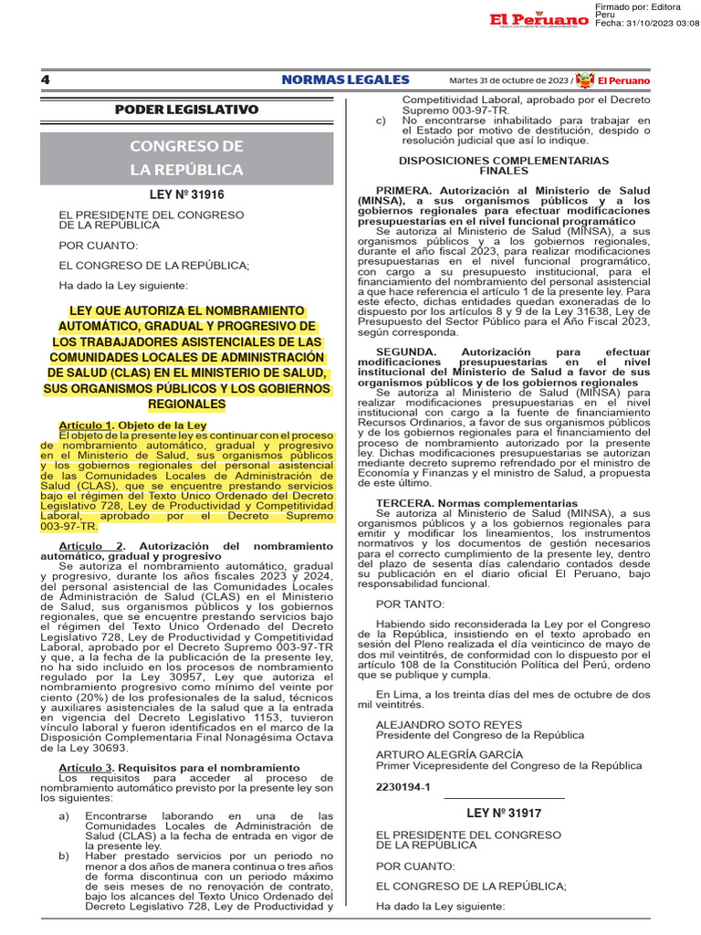Ley 31916 Nombramiento de Cas | Descargar gratis PDF | Perú | Gobierno
