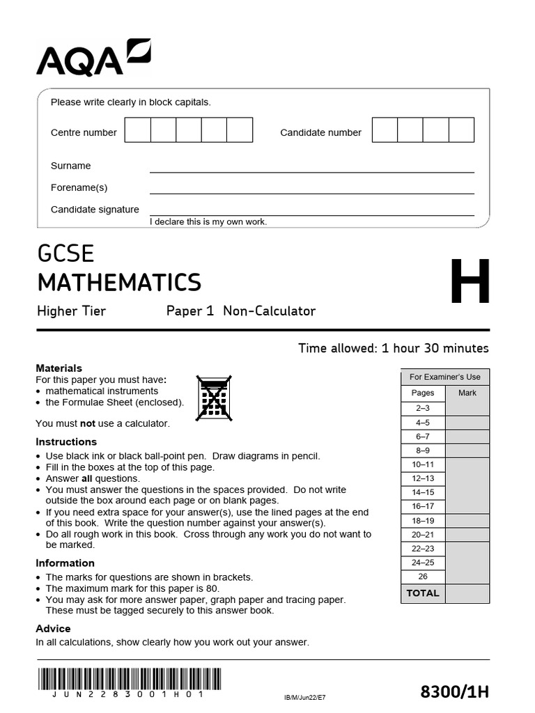 Aqa 83001H QP Jun22 | PDF | Mathematics | Elementary Mathematics