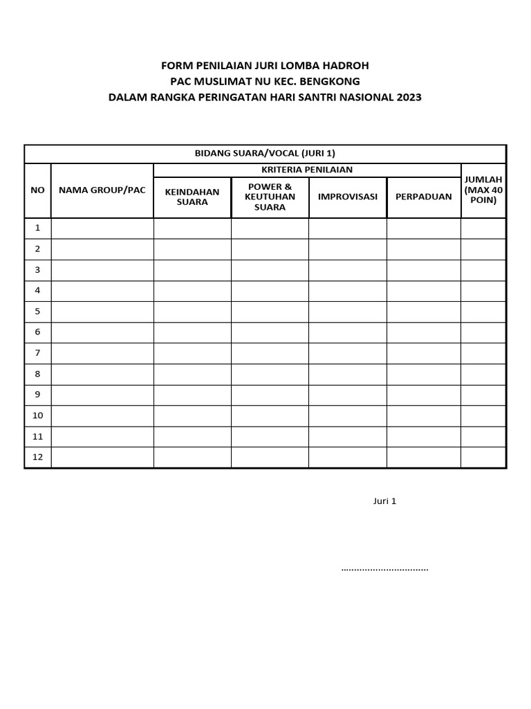 Form Penilaian Lomba Hadroh | PDF