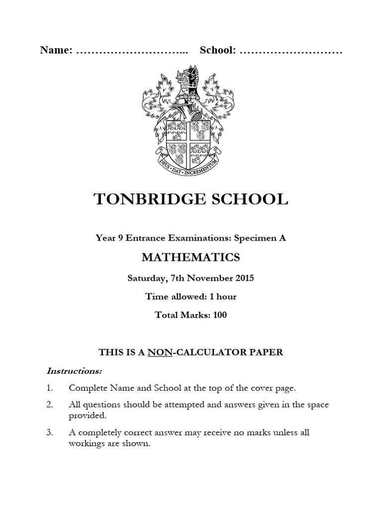 Year 9 Maths Entrance Exam Sample | PDF | Teaching Methods & Materials