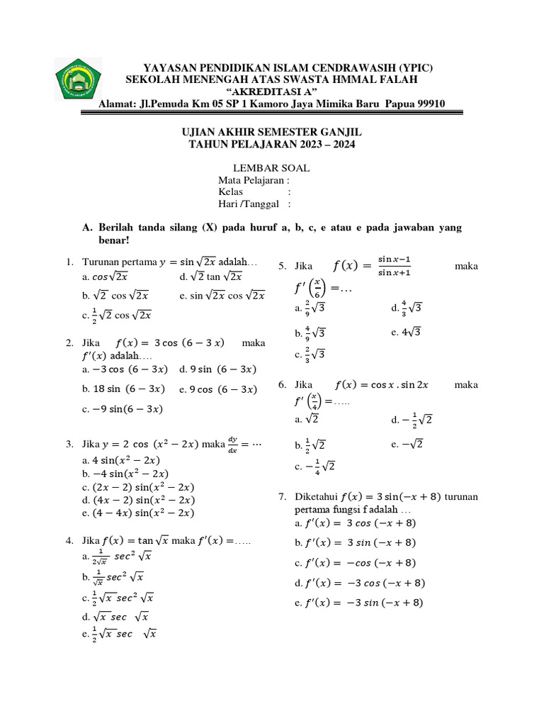 Soal Ujian Kalkulus SMA YPIC 2023 | PDF | Metode & Bahan Ajar