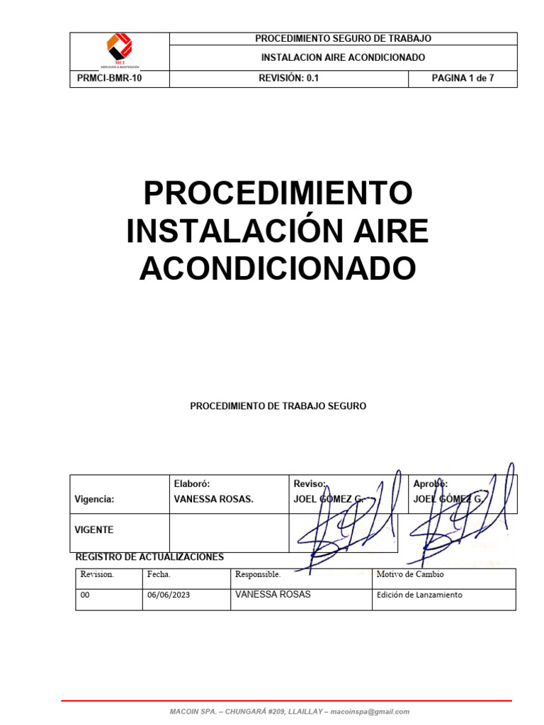 Procedimiento Trabajo INSTALACION AIRE ACONDICONADO MACOIN SPA | PDF | La seguridad