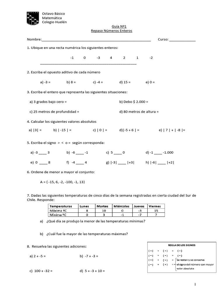 Guía de Repaso de Números Enteros | PDF | Entero | Matemáticas