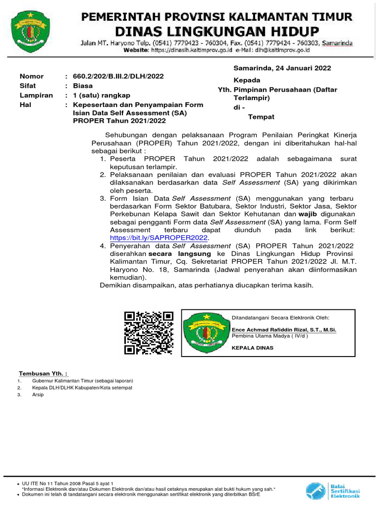 Surat Peserta Dan Isian SA PROPER 2021-2022 | PDF | Teknologi & Rekayasa
