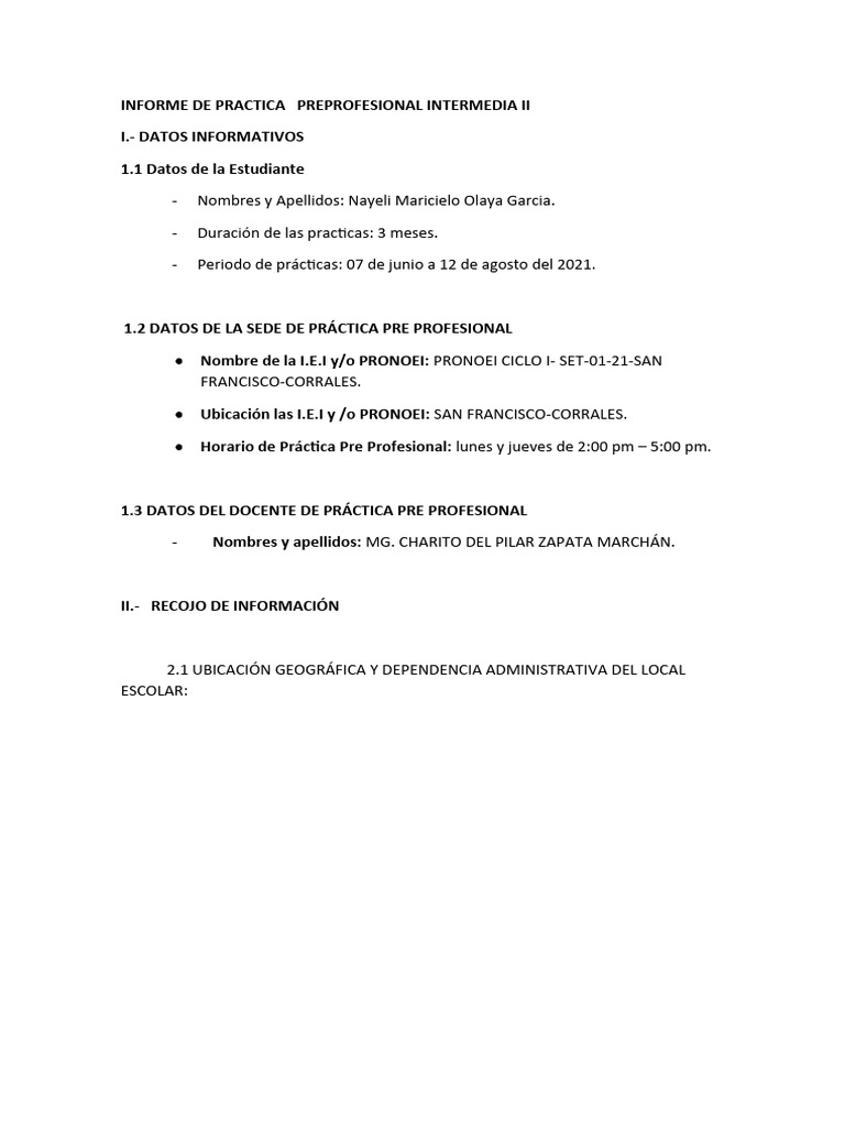 Informe de Practica Preprofesional Intermedia II | PDF | Aprendizaje