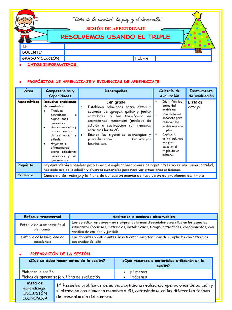 1º E12 Sesion D2 Mat Resolvemos Usando El Triple | PDF | Evaluación | Aprendizaje
