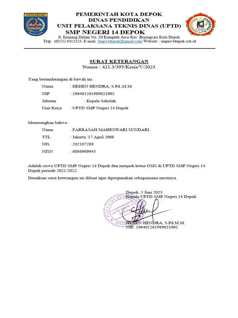 SURAT KETERANGAN KETUA OSIS | PDF