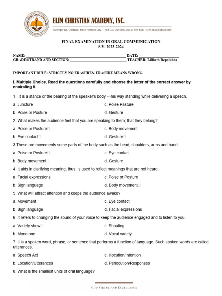 Final Exam Oral Comm | PDF | Gesture | Speech Final Exam Oral Comm | PDF | Gesture | Speech