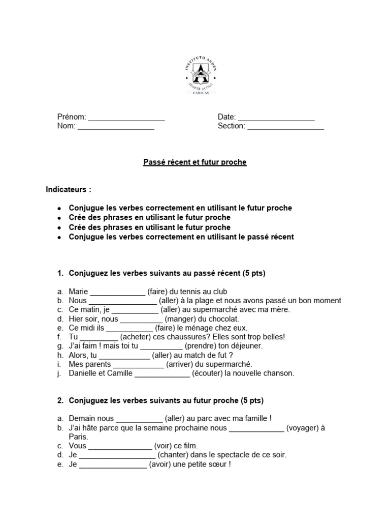 Exercices sur le futur proche et passé récent | PDF | Verbe