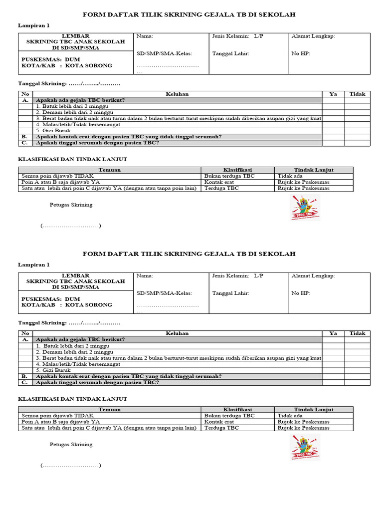 Form Daftar Tilik Skrining Gejala TB Di Sekolah | PDF | Pengembangan ...