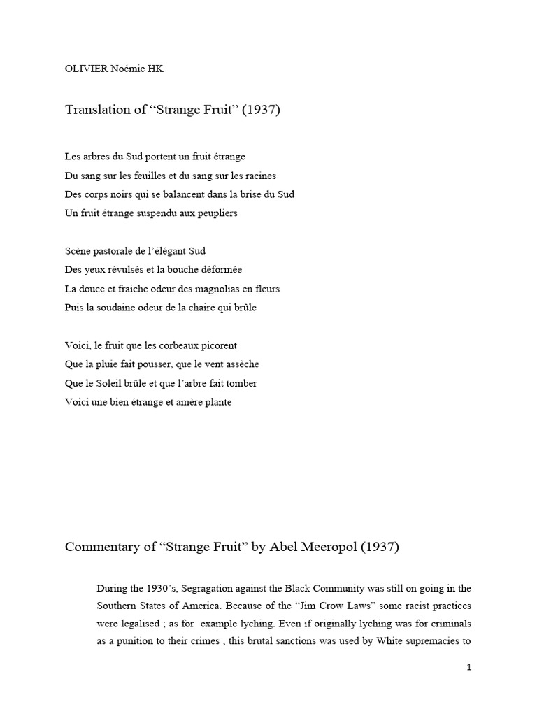 Work On "Strange Fruit" A Poem by Abel Meeropol | PDF | Poetry | Lynching