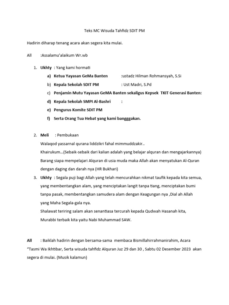 Teks MC Wisuda Tahfidz SDIT PM | PDF