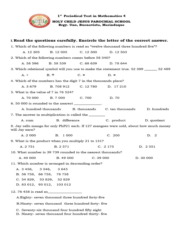 Grade 1 Math 1st Periodical Test | PDF | Notation | Mathematical Notation