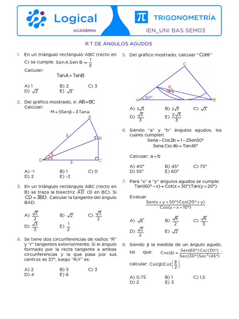 3 Ien-Uni Bas Trigo RT de Ángulos Agudos | PDF