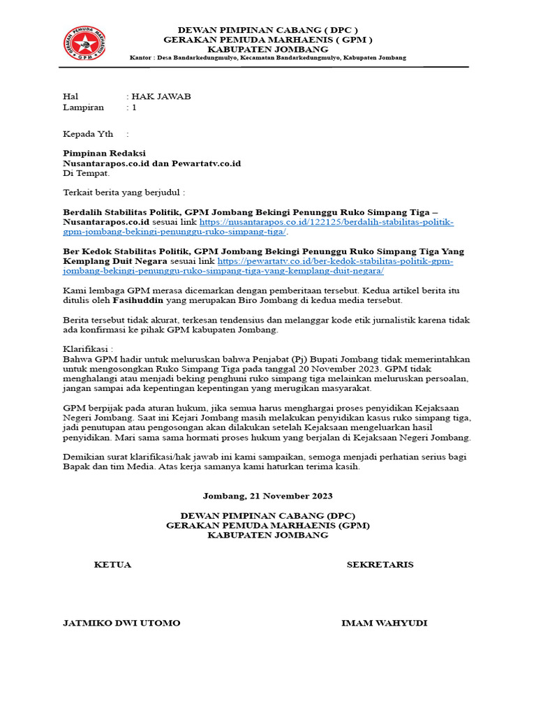 Surat Permohonan Hak Jawab | PDF | Pengelolaan Keuangan & Uang