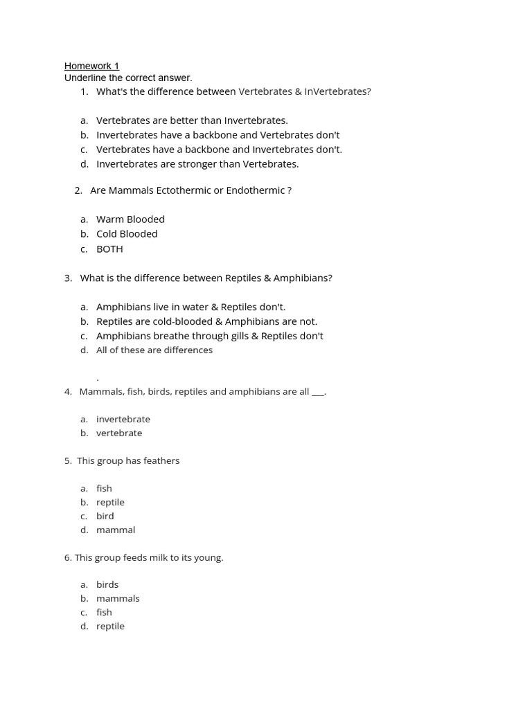 Vertebrate and Invertebrate Quiz | PDF