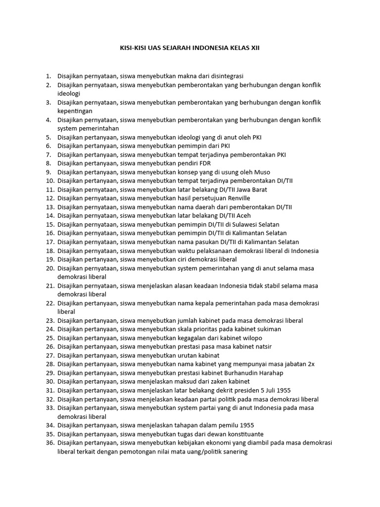 Kisi-Kisi Sejarah Indonesia Kelas XII | PDF