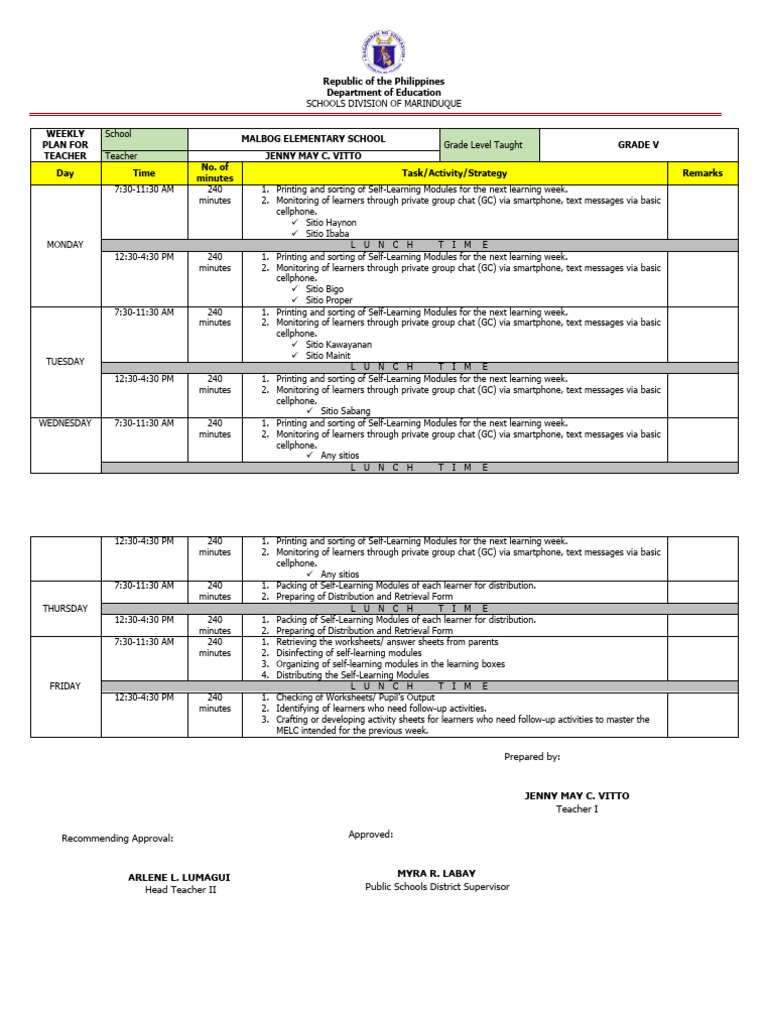 WEEKLY_PLAN_TEACHER | PDF | Behavior Modification | Learning