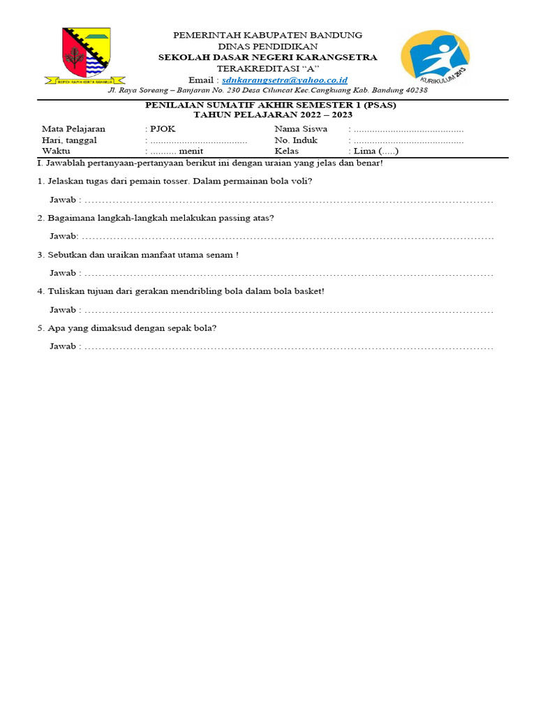 Soal Kelas 5 Pjok Psas 1 | PDF