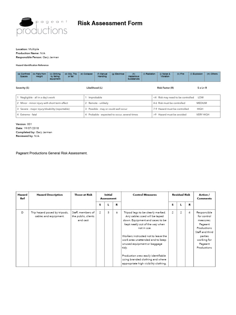 Pageant Productions General Risk Assesment | PDF