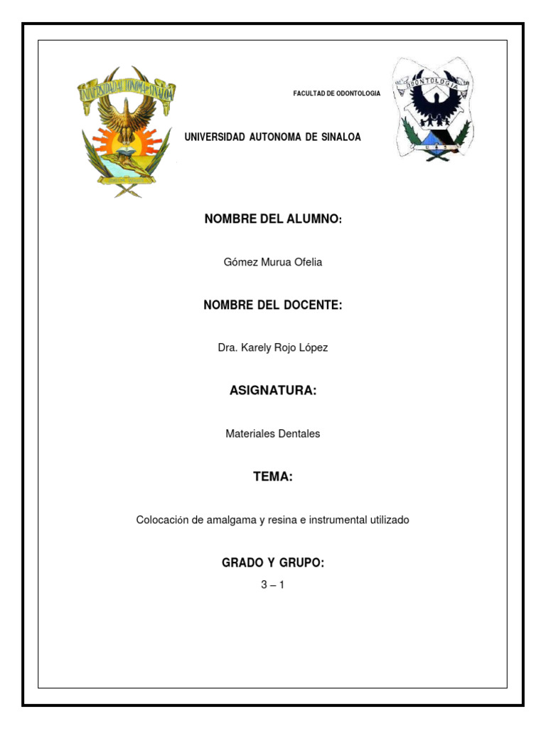 Colocación de Amalgama y Resina Dental | PDF | Esmalte de dientes ...