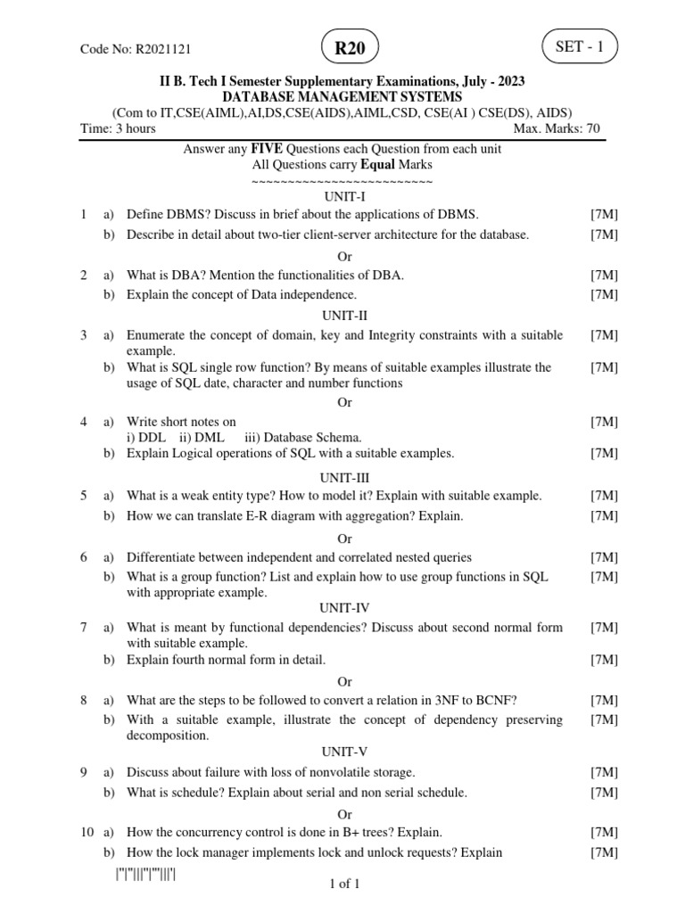DBMS 2023 Supplementary Exam Paper | PDF | Databases | Sql
