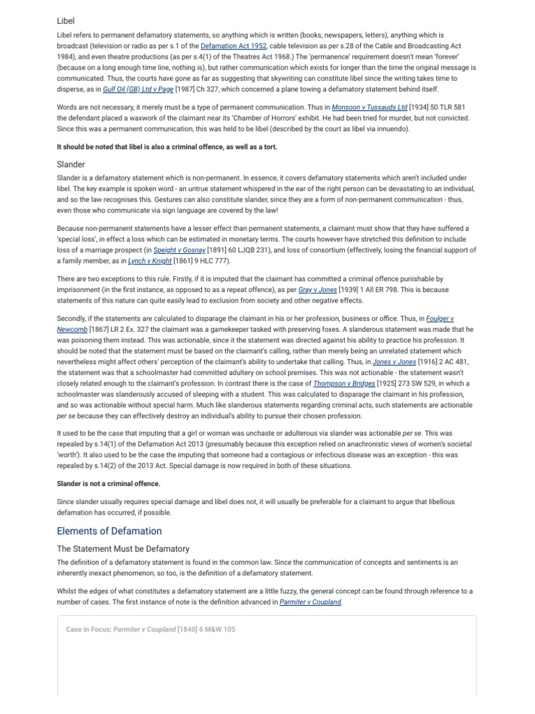 Defamation, Libel, and Slander Lecture | PDF | Law