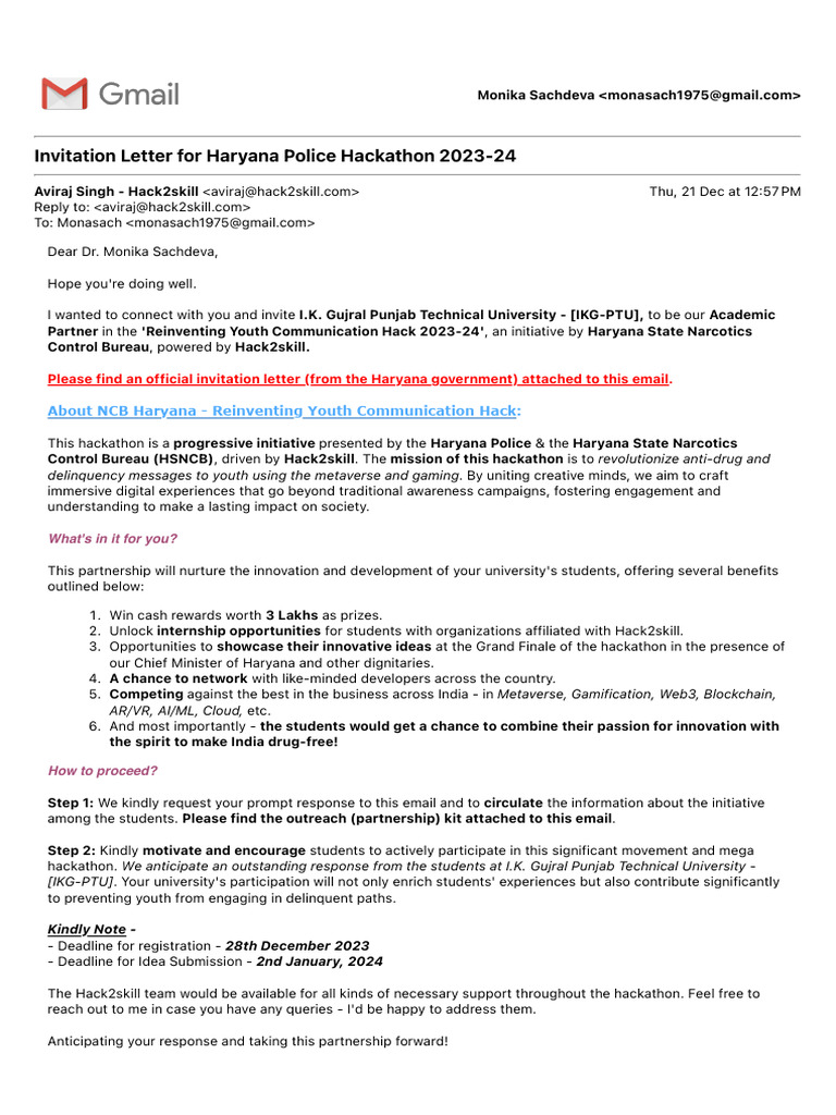 Invitation Letter for Haryana Police Hackathon 2023-24 | PDF