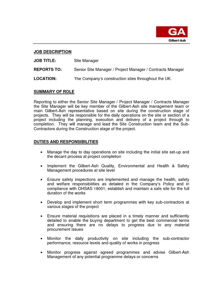 Site Manager Job Description | PDF | Economies | Business