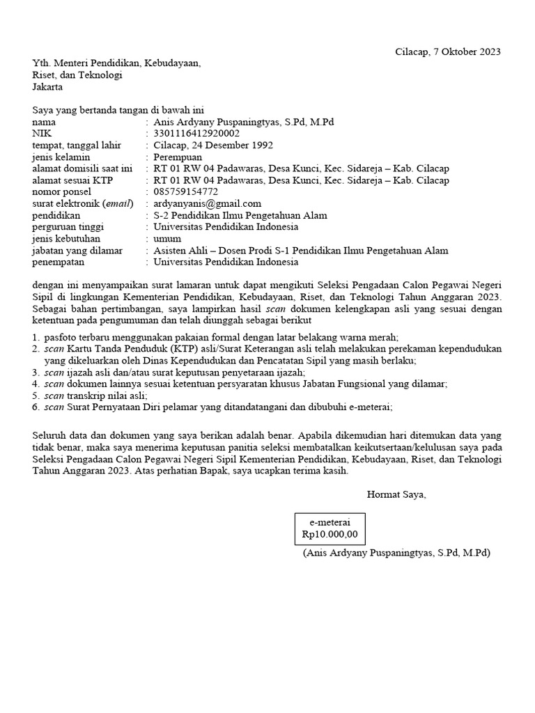 Format Surat Lamaran CPNS 2023 Salinan | PDF Format Surat Lamaran CPNS 2023 Salinan | PDF